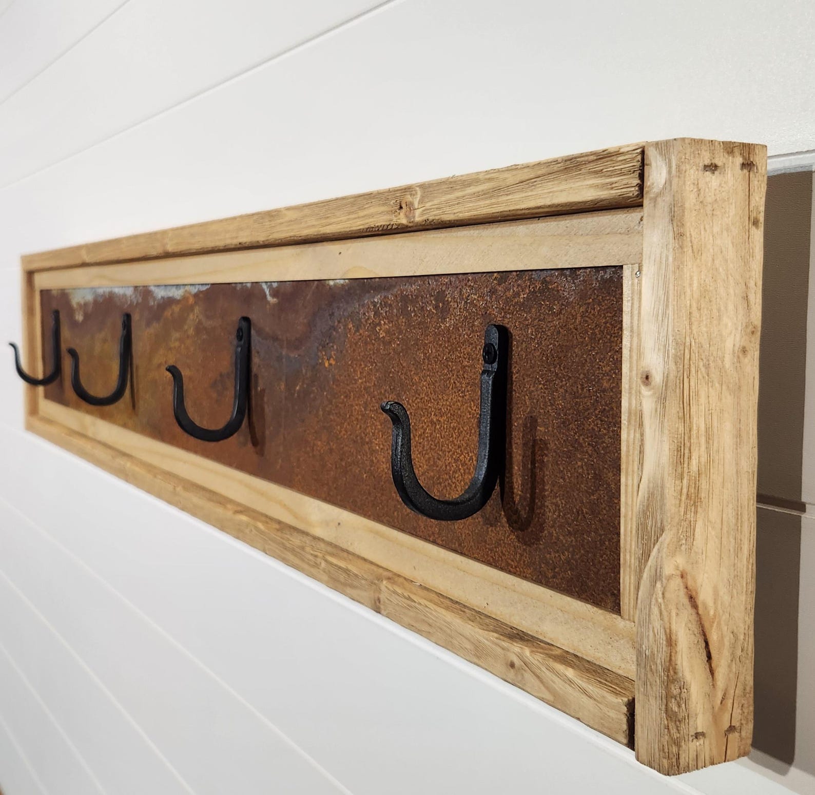 36" Rustic Rusty Tin & Reclaimed Wood Hat Rack With 4 Cast Iron Hooks ...