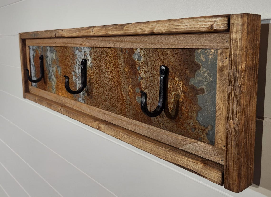 24" Rustic Tin & Reclaimed Wood Hat Rack With 3 Cast Iron Hooks - Etsy