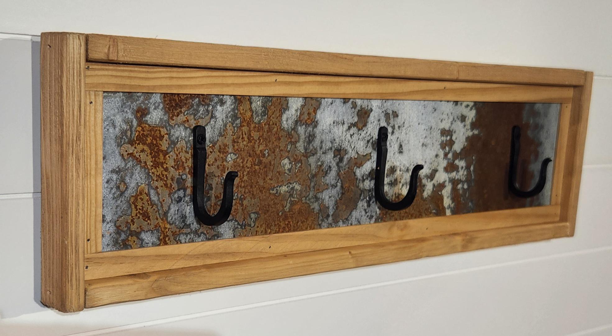 24" Rustic Tin & Reclaimed Wood Hat Rack With 3 Cast Iron Hooks - Etsy