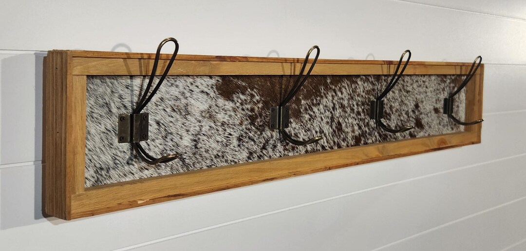 36" Cowhide & Reclaimed Wood Hat/coat Rack With 4 Antique Brass Hooks ...