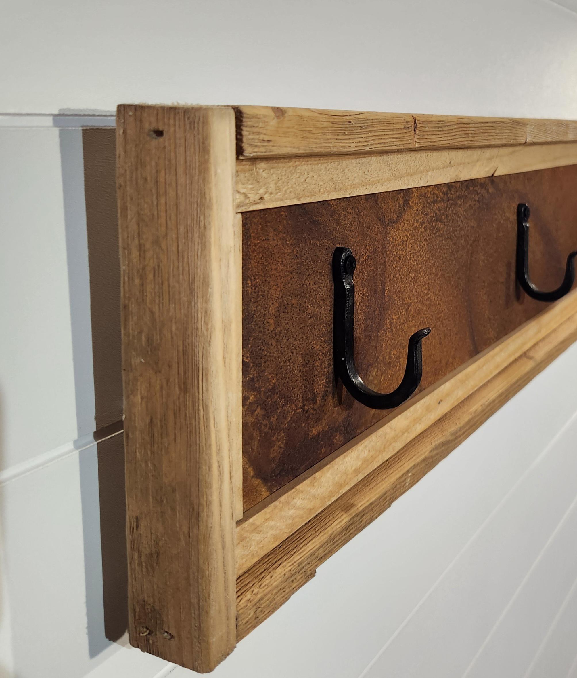 36" Rustic Rusty Tin & Reclaimed Wood Hat Rack With 4 Cast Iron Hooks ...