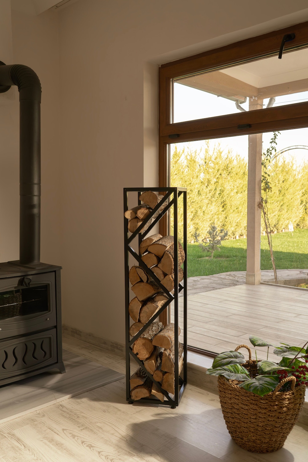 Industrial Firewood Rack: Metal Log Holder, Farmhouse Fireplace Decor ...