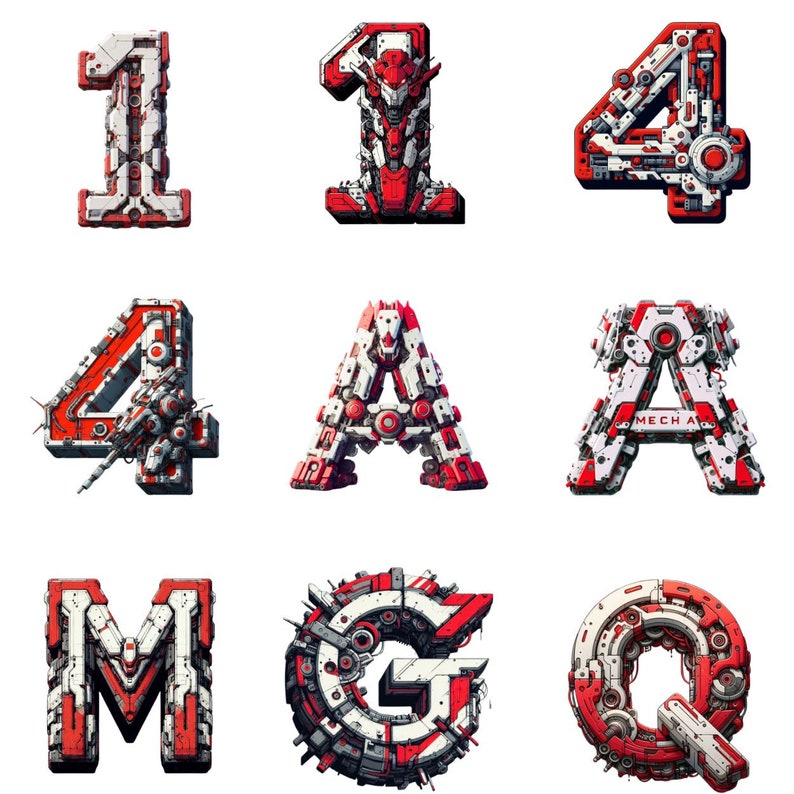 PNG MECHA Style, Letters A to Z, Numbers 0-9, 5 Types Each, Total 180 ...