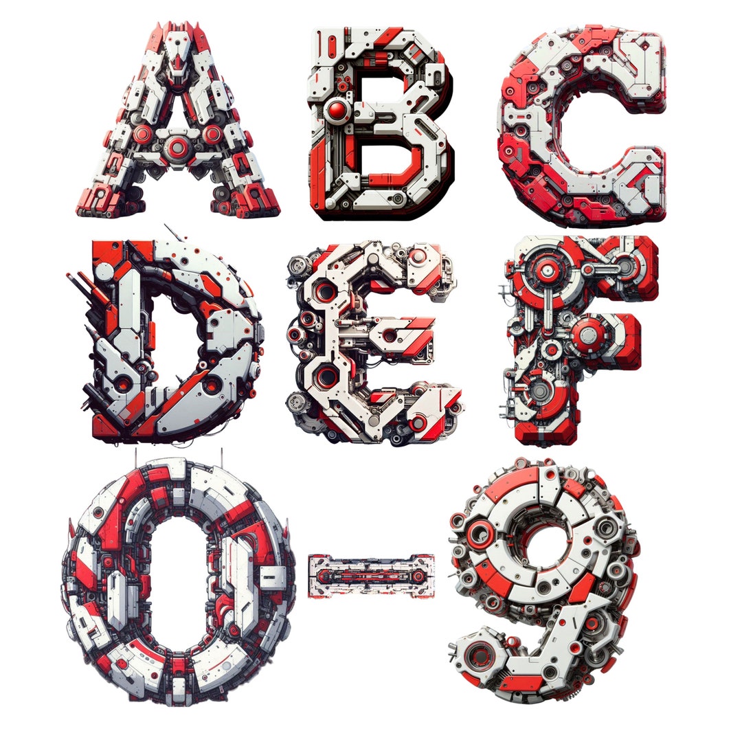 PNG MECHA Style, Letters A to Z, Numbers 0-9, 5 Types Each, Total 180 ...