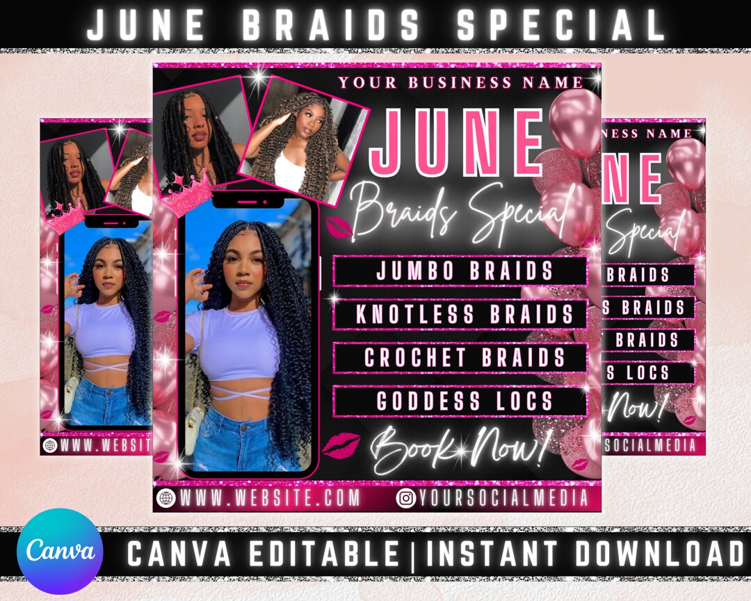 June Booking Flyer, June Bookings Hair Braid Makeup MUA Lash Locs Wig ...