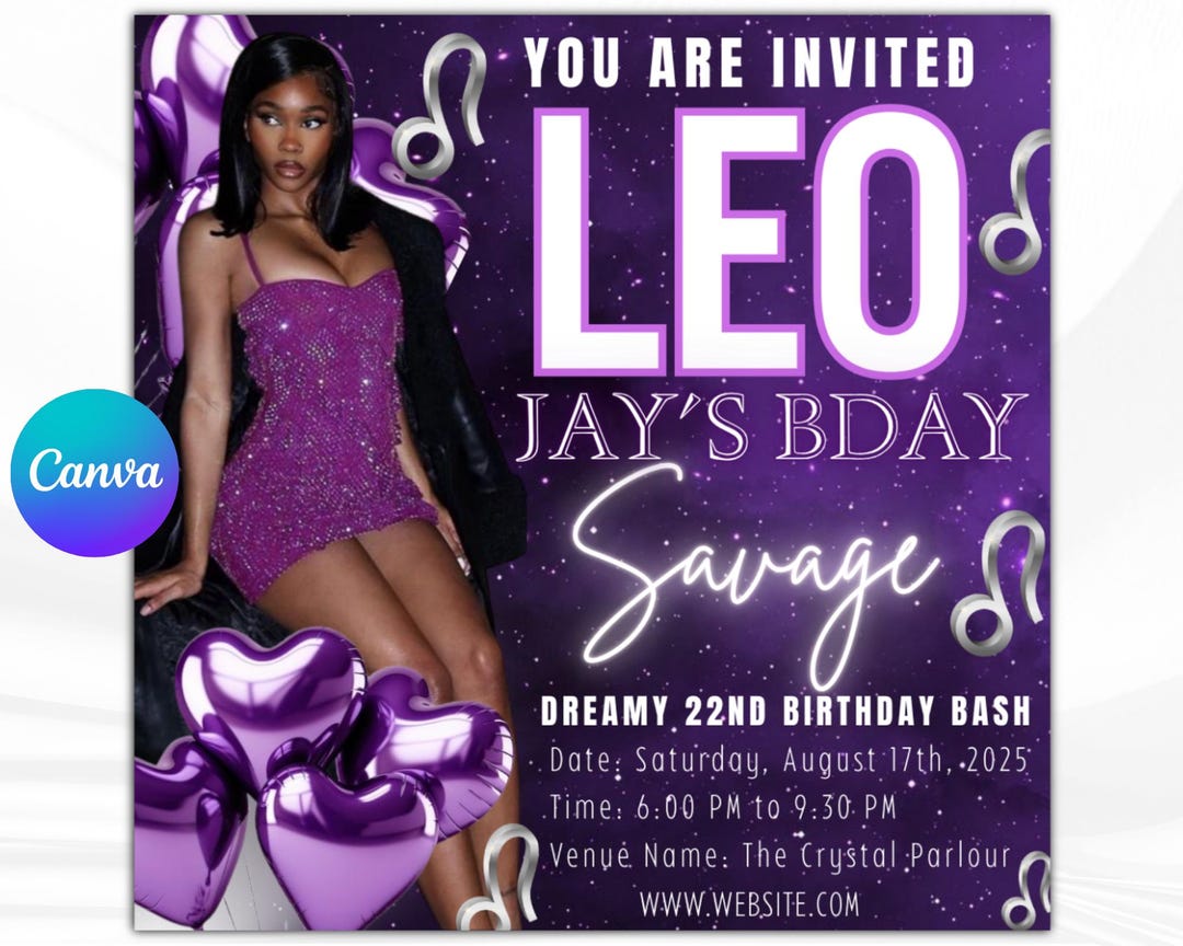 Purple Leo Birthday Party Flyer, Birthday Szn Flyer, Leo Invitation ...