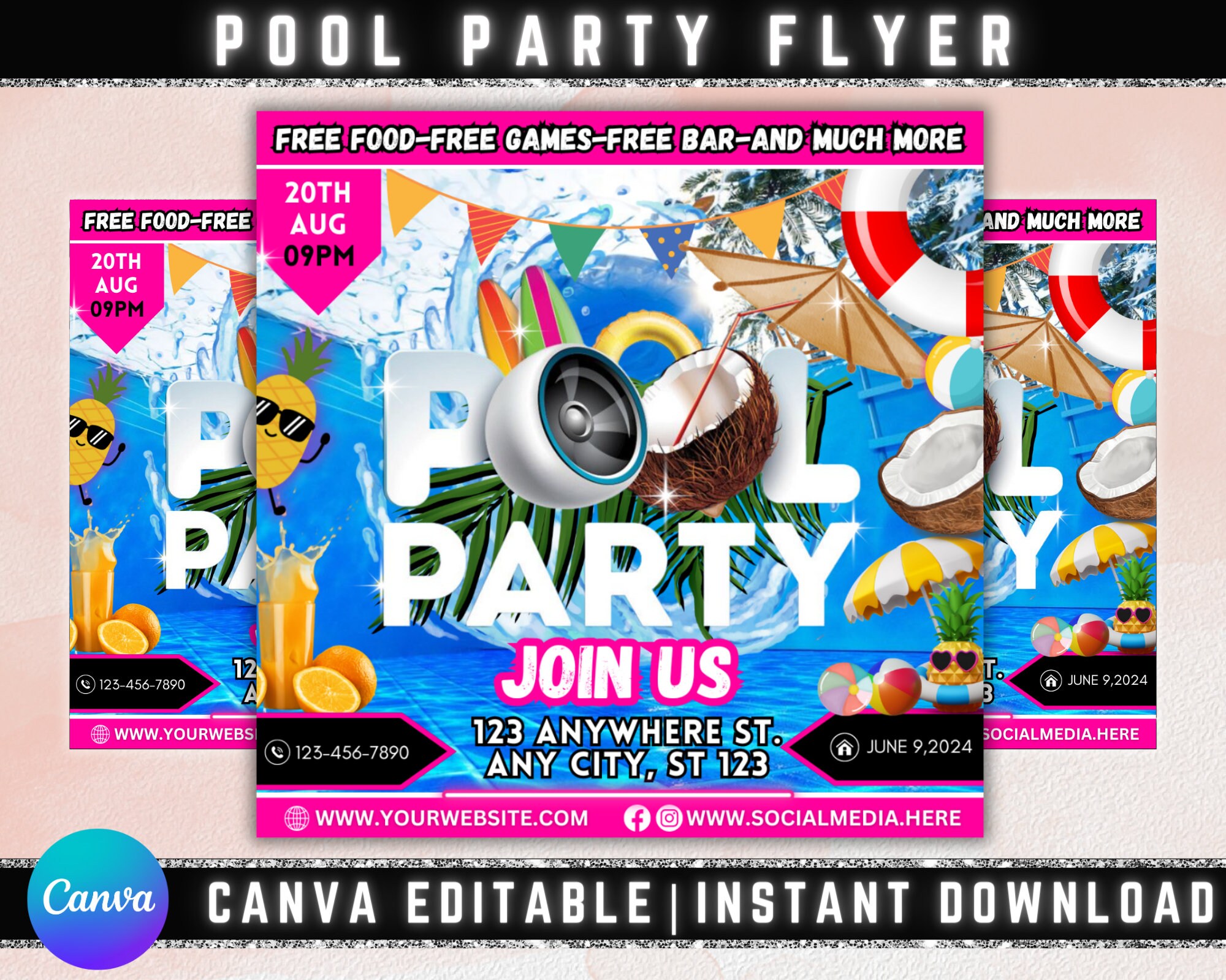 Pool Party Flyer, Social Media Pool Party Announcement Editable Summer ...
