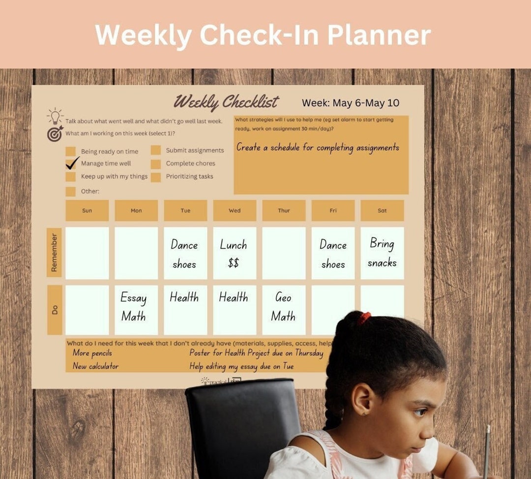 Student Digital Weekly Check-in Worksheet for Improved Executive ...