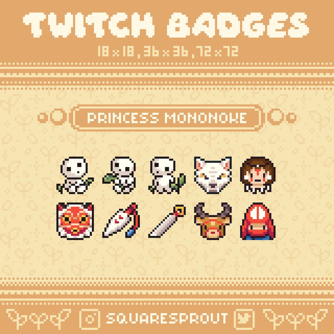 Studio Ghibli: Princess Mononoke Pixel Sub / Bit Badges for Twitch ...