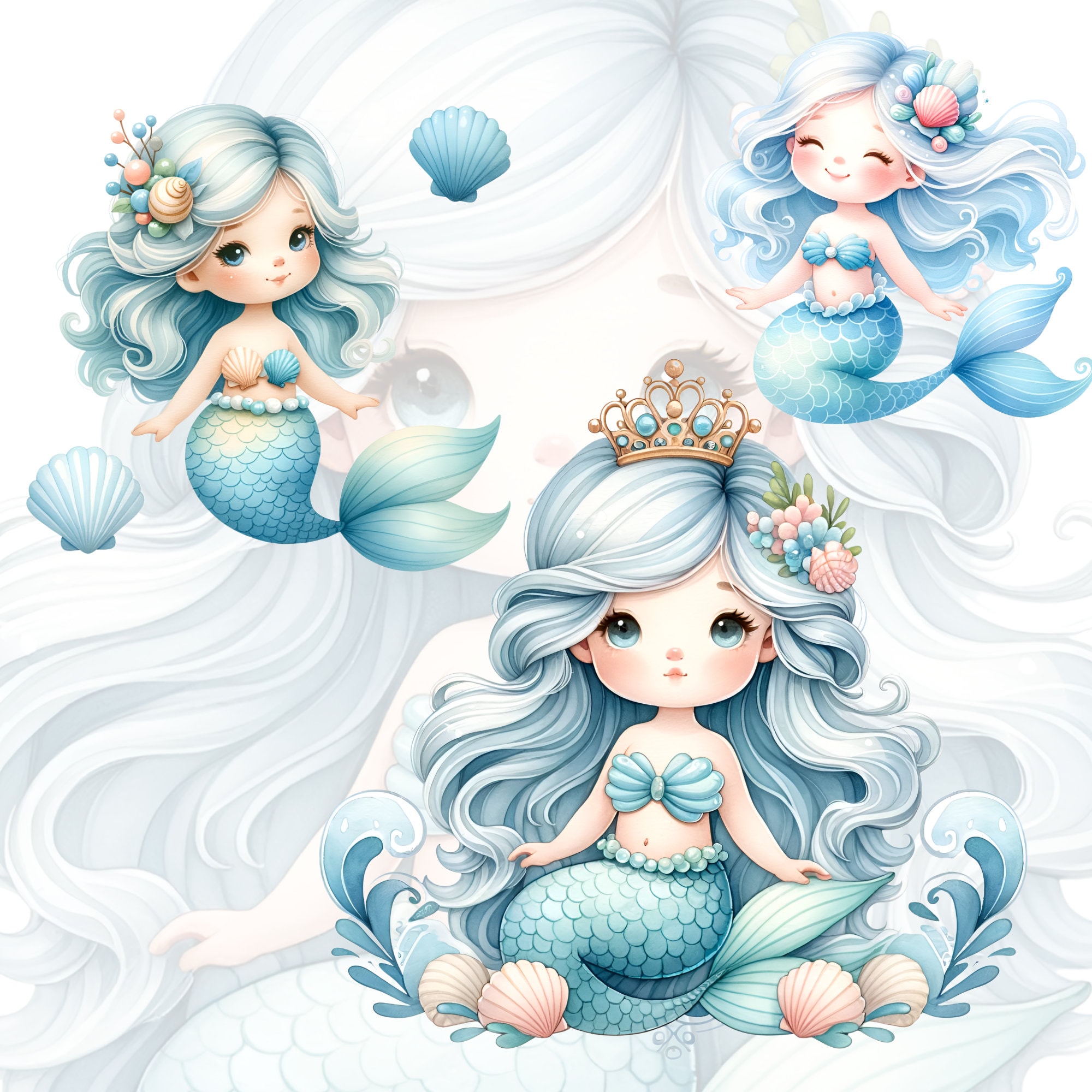 Little Mermaid Clipart Watercolor Sea Babies & Mermaid Castle PNG Under ...