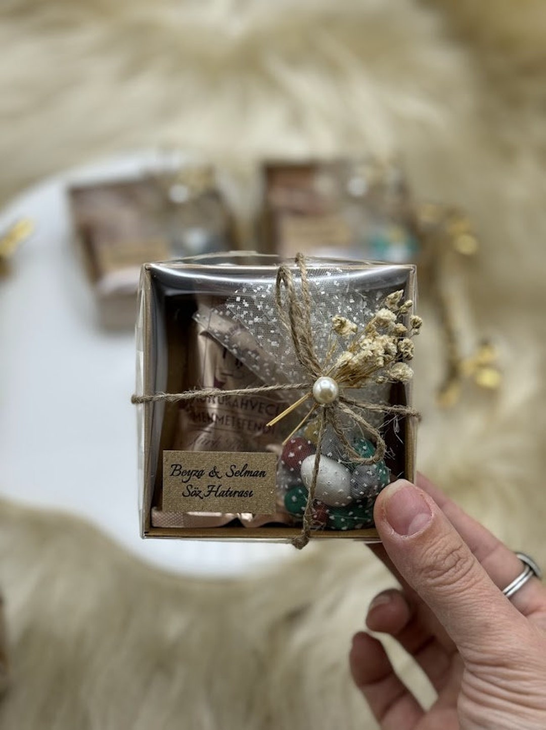 Boxed Single Use Mehmet Efendi Coffee and Pebble Almond Candy in Tulle ...