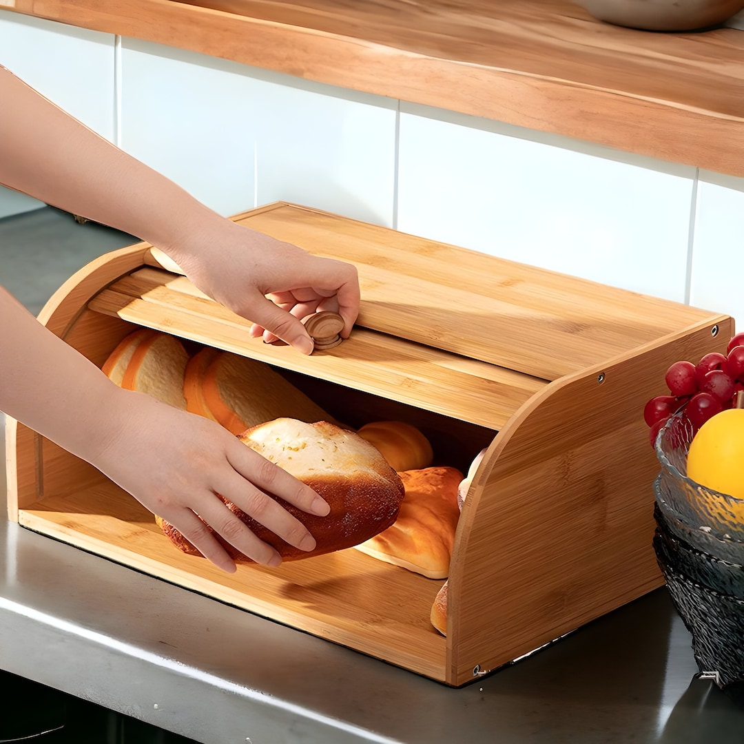 Bamboo Bread Bin, Rustic Roll Top Bread Bin, Wooden Bread Box, Vintage ...