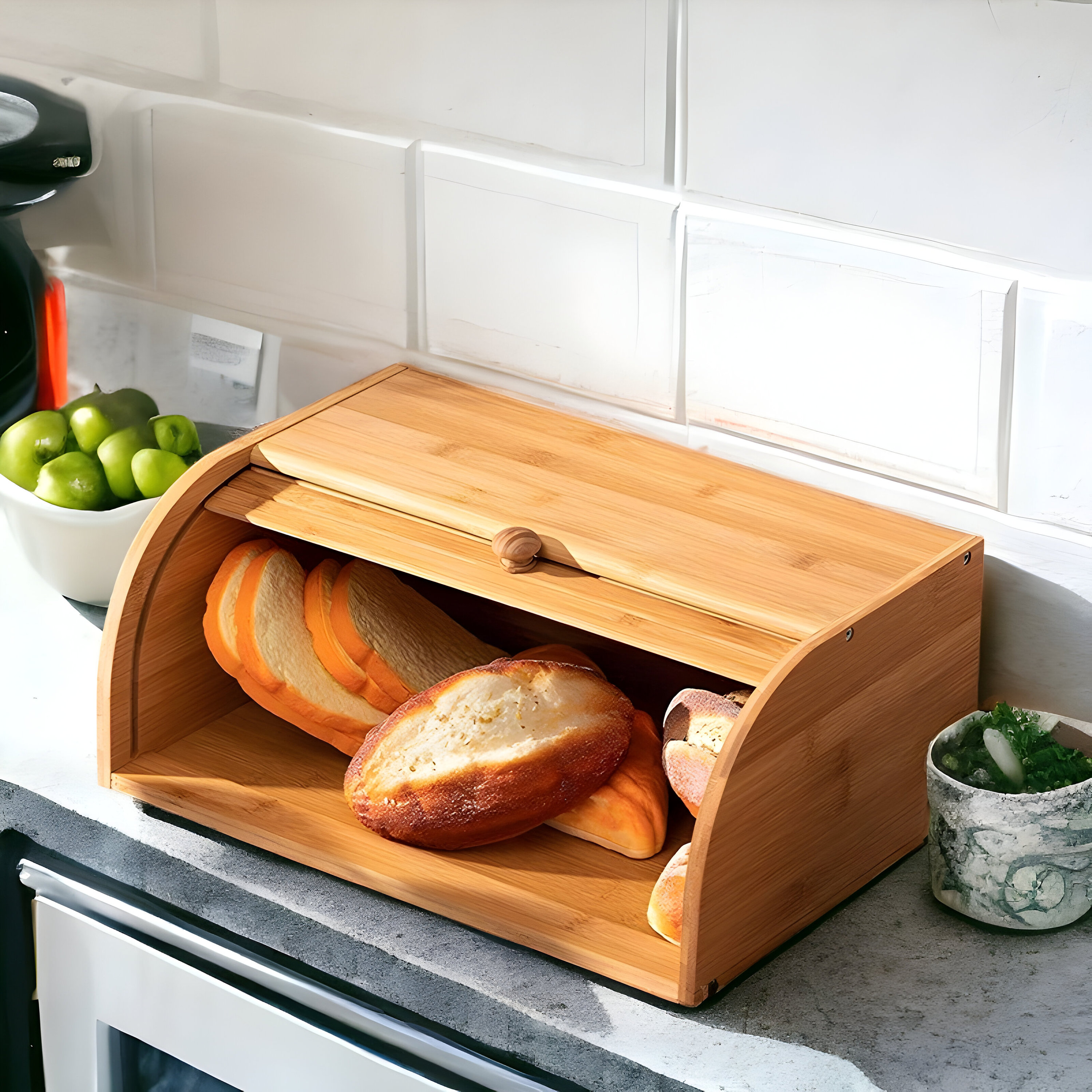 Bamboo Bread Bin, Rustic Roll Top Bread Bin, Wooden Bread Box, Vintage ...