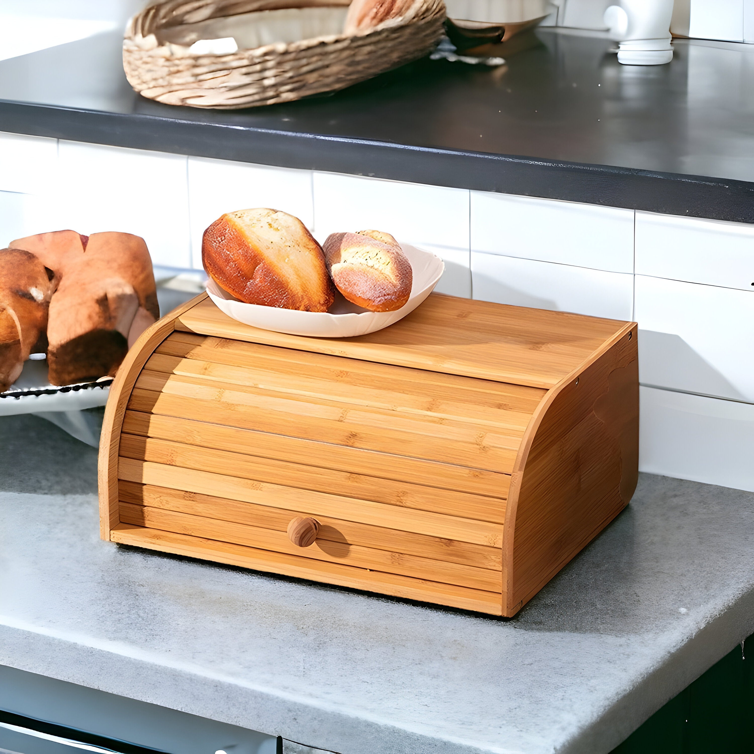 Bamboo Bread Bin, Rustic Roll Top Bread Bin, Wooden Bread Box, Vintage ...