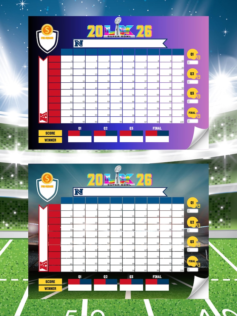 Super Bowl Squares 2026 | Football Grid Printable | Team Fundraiser ...
