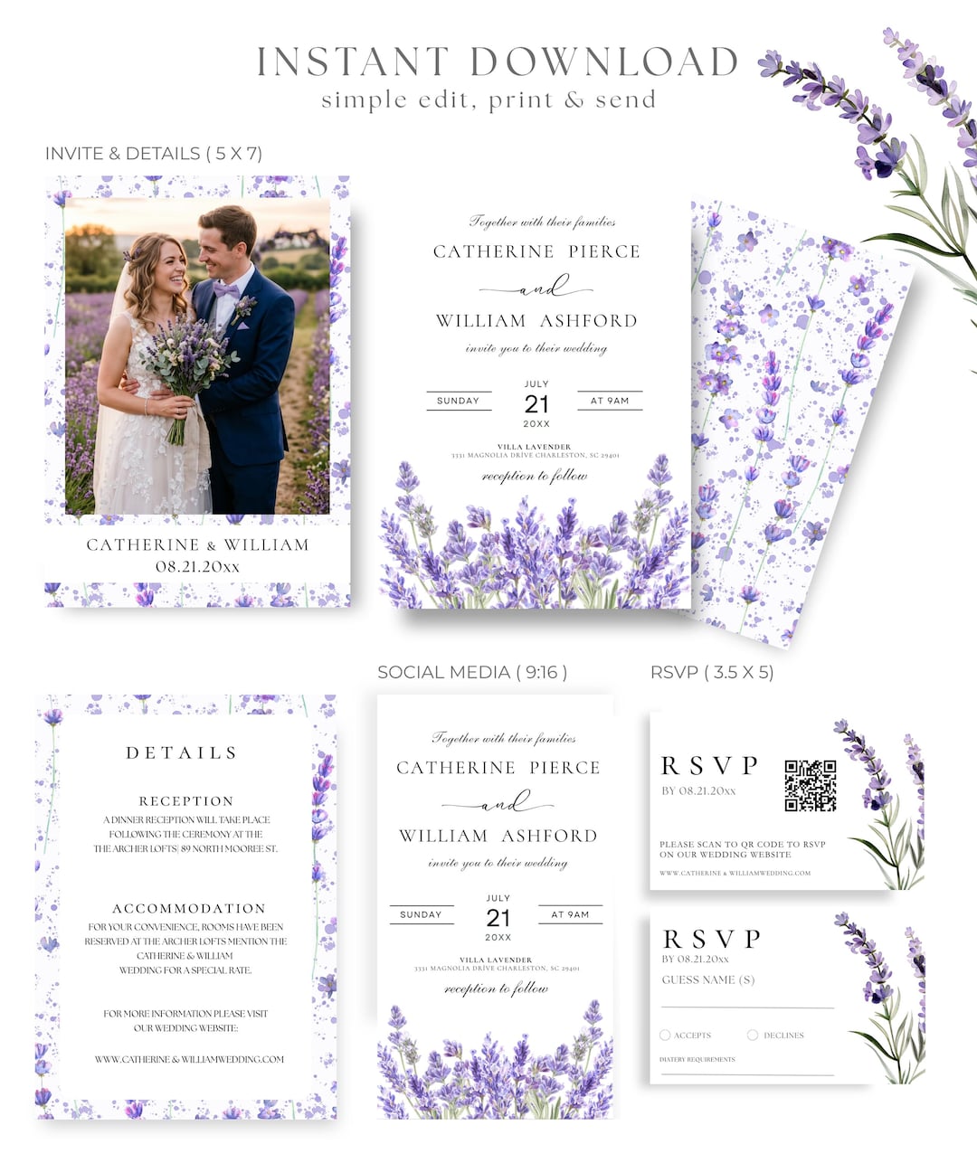 Lavender Wedding Invitation Suite, Editable Canva Template, Photo ...