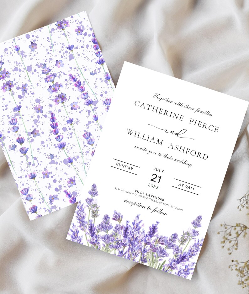 Lavender Wedding Invitation Suite, Editable Canva Template, Photo ...