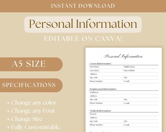 Personal Information Page, Printable Basic Information Template ...