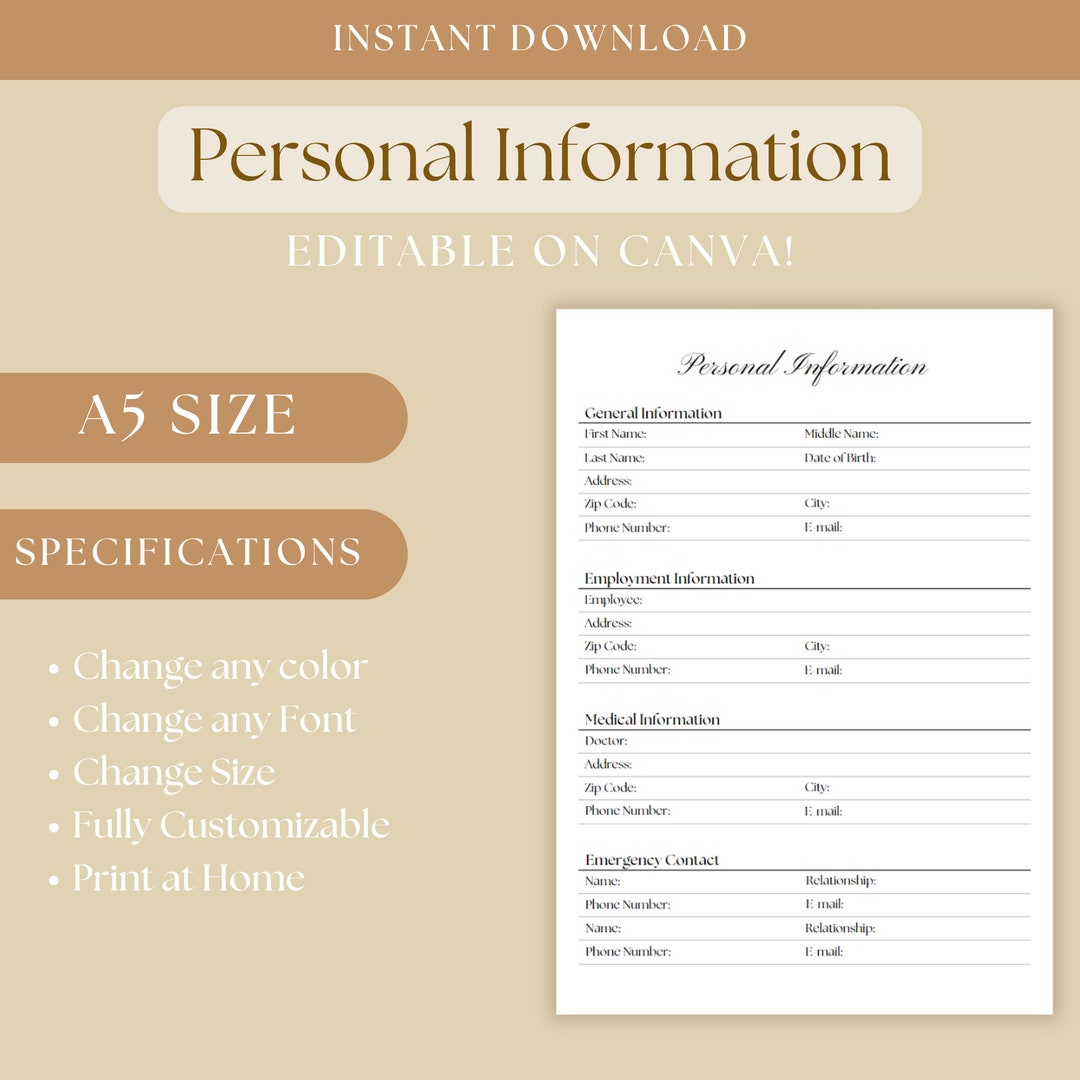 Personal Information Page, Printable Basic Information Template ...