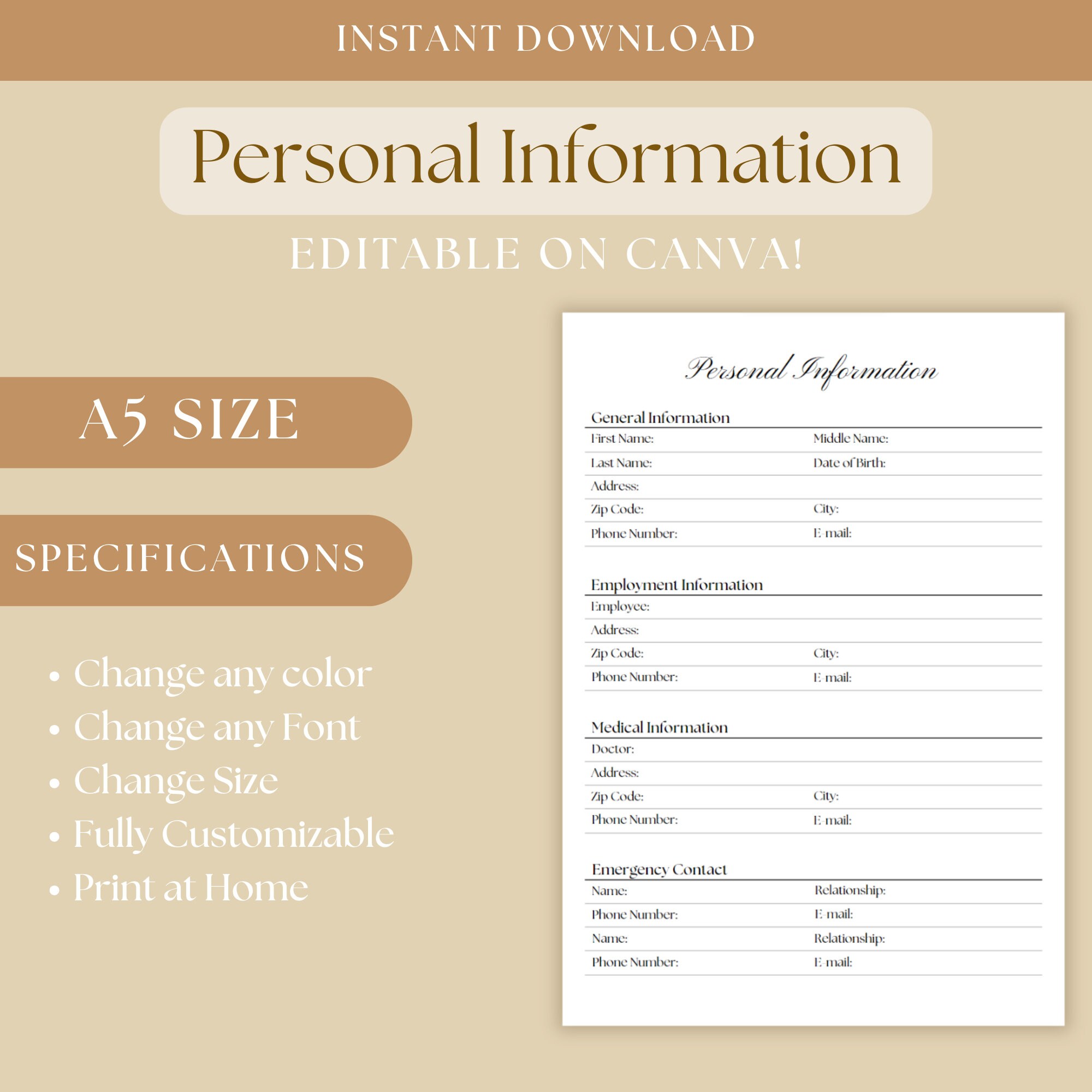 Personal Information Page, Printable Basic Information Template ...