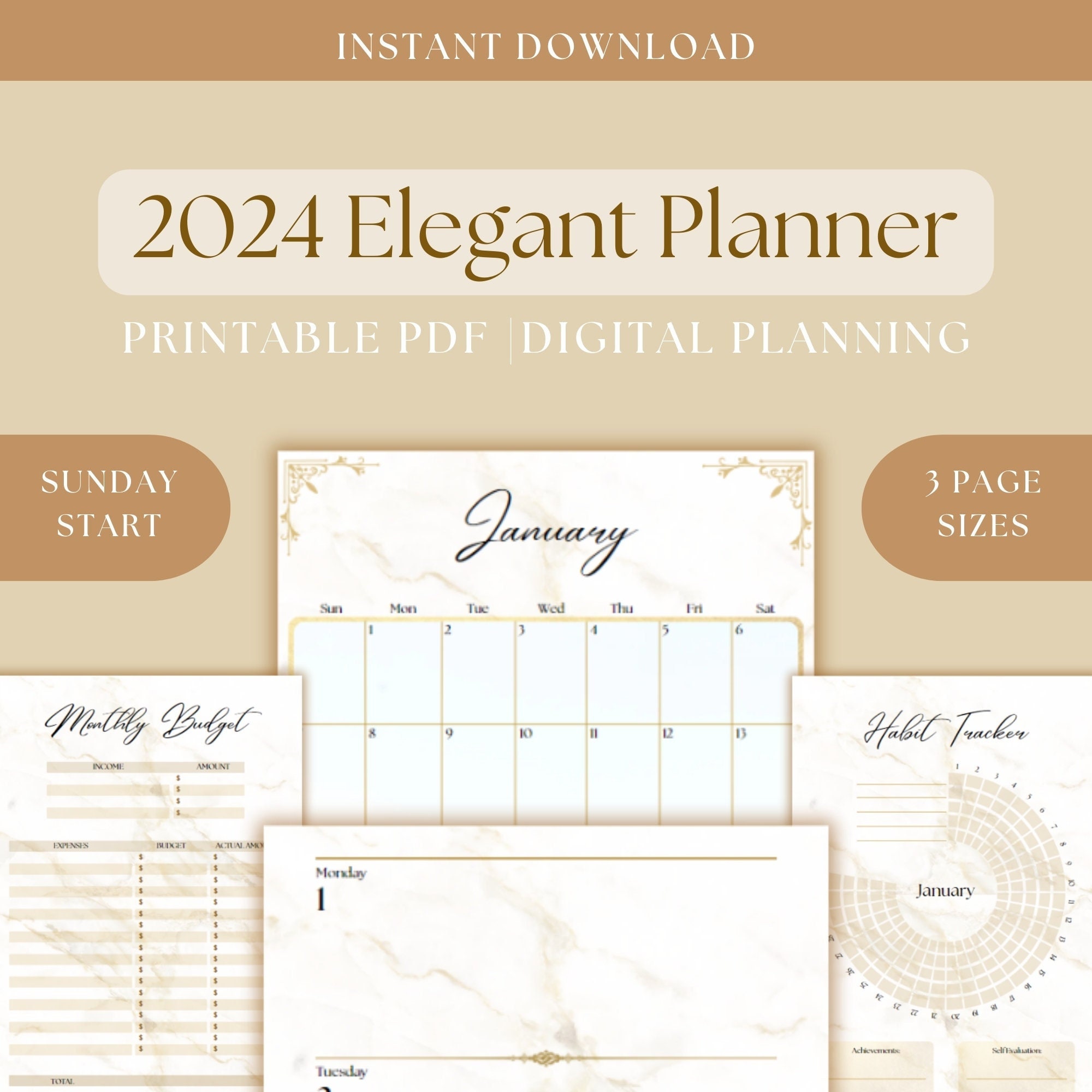 2024 Dated Weekly Planner, Printable PDF Download, Elegant Design ...