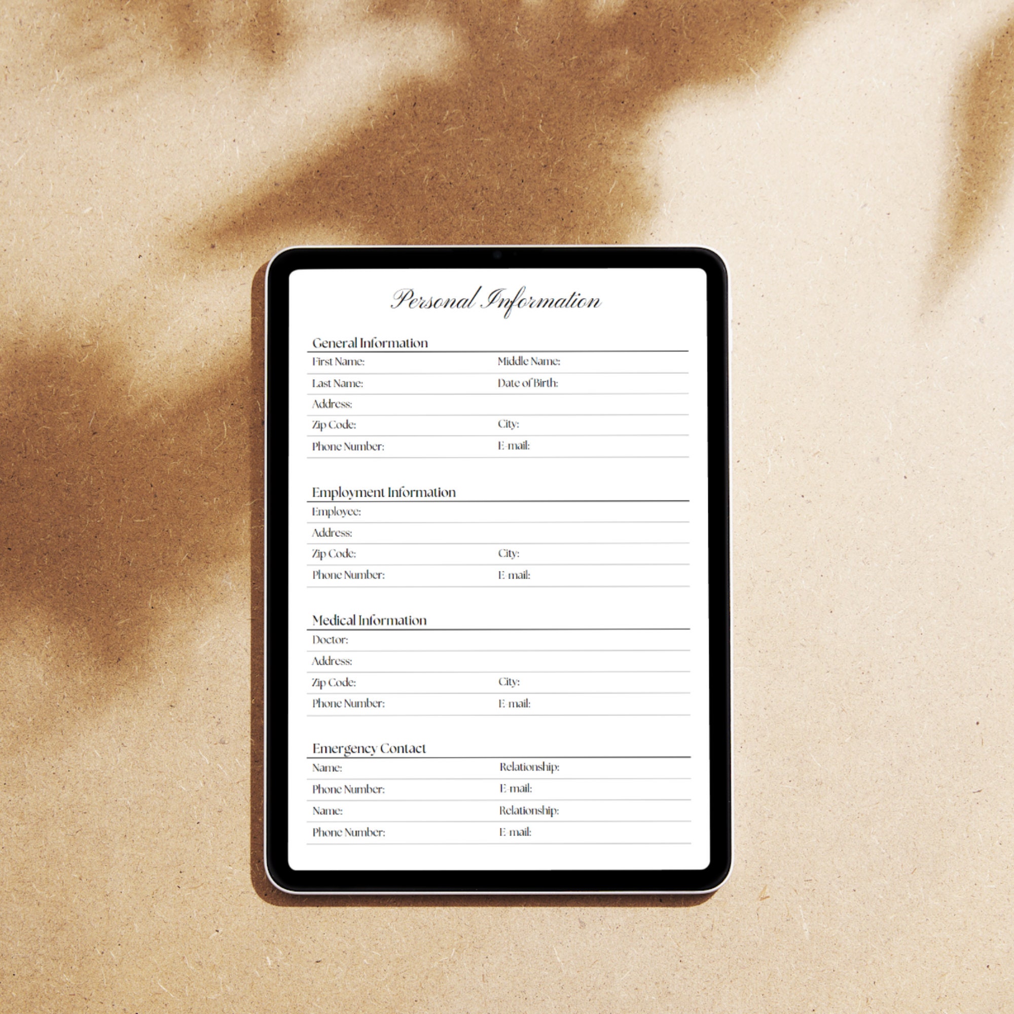 Personal Information Page, Printable Basic Information Template ...