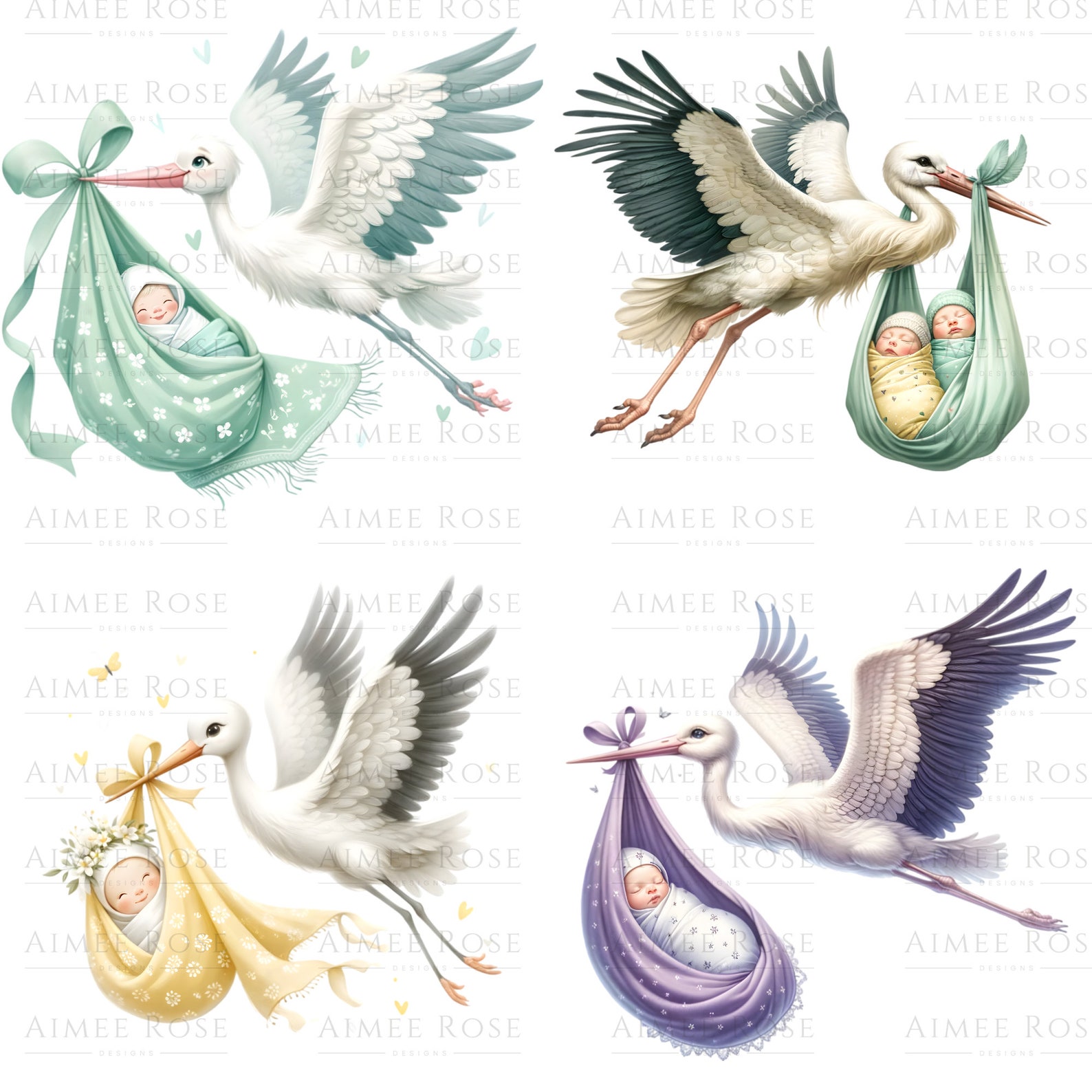 Baby Stork Delivery Clipart Mega Bundle - 28 High-quality Pngs, 300dpi ...
