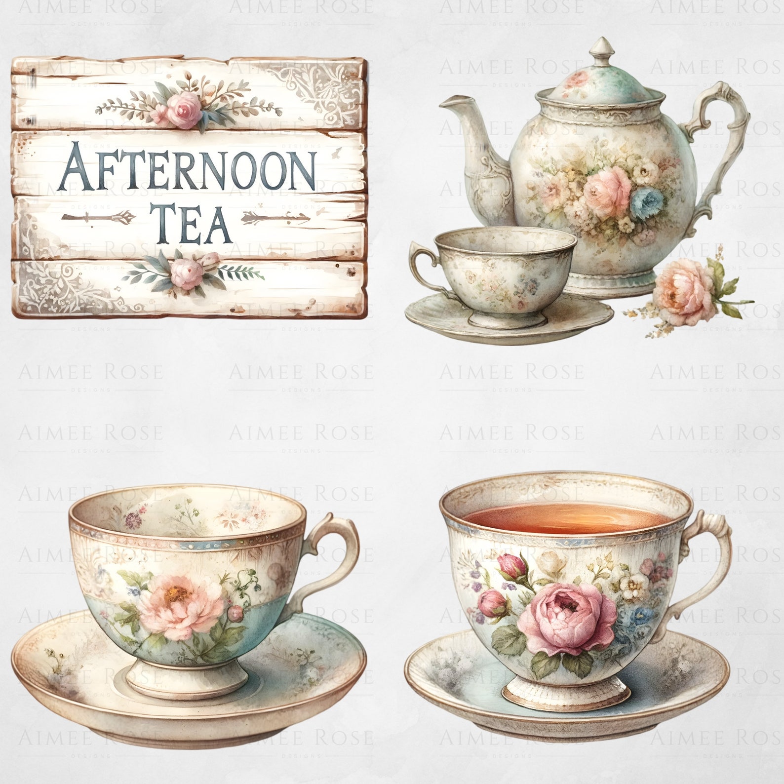 17 Shabby Chic Afternoon Tea Clipart Set | Vintage Floral Tea Party PNG ...