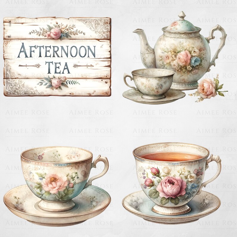 17 Shabby Chic Afternoon Tea Clipart Set | Vintage Floral Tea Party PNG ...