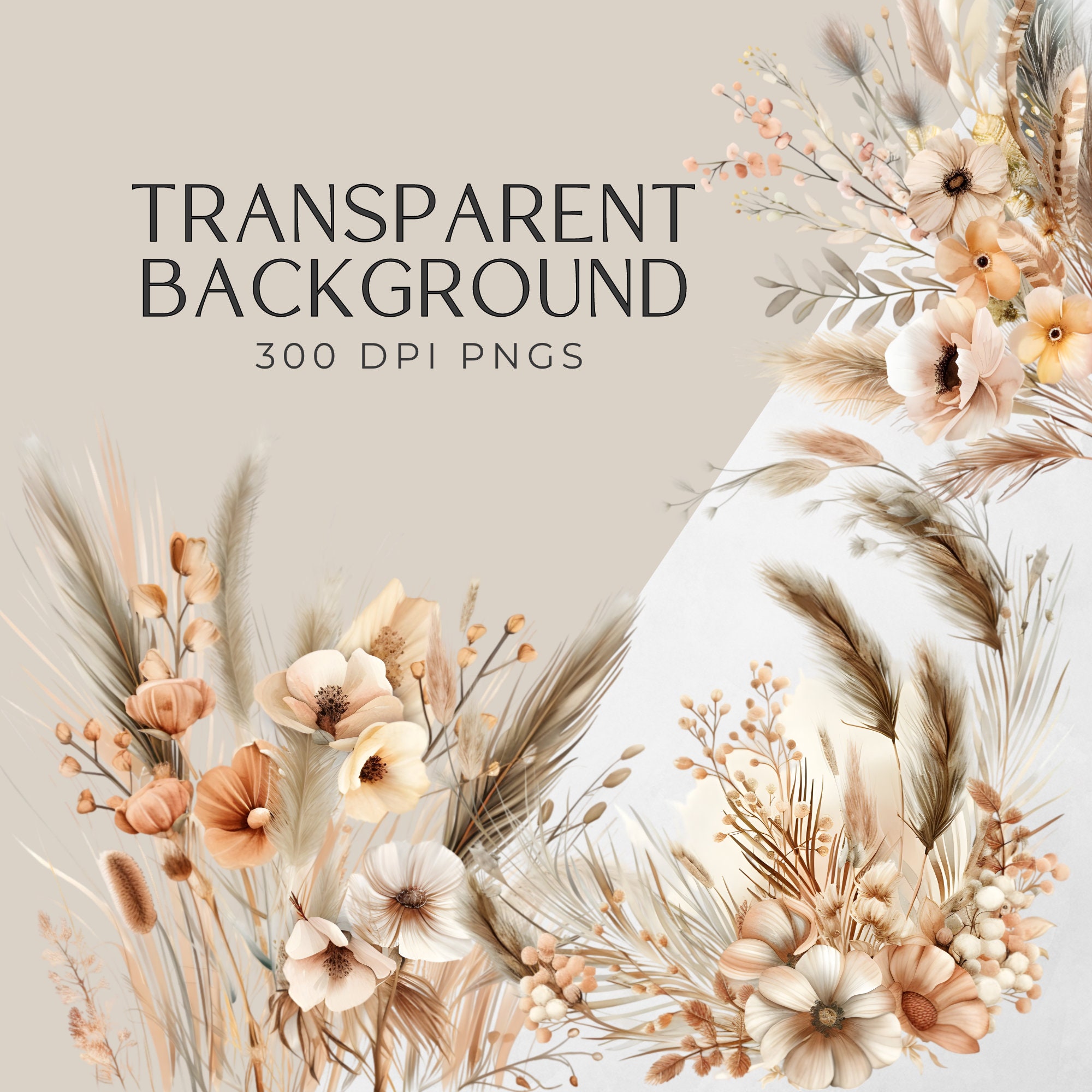 Boho Floral Clipart Pack - Neutral Tones Flower Pngs, Digital Download ...