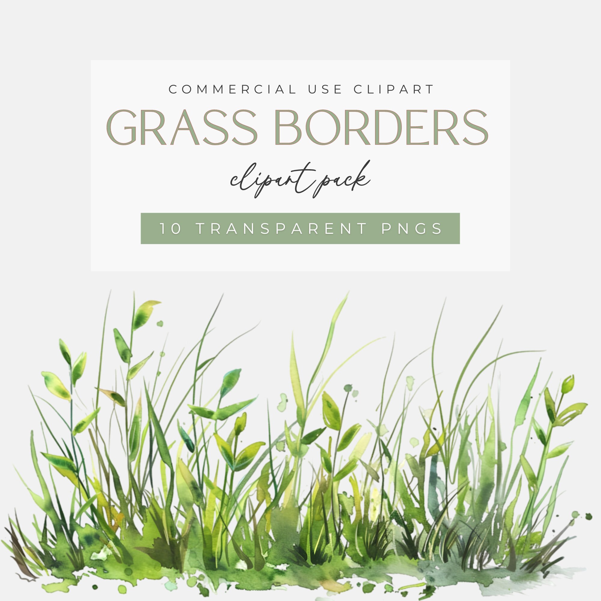 10 Grass Borders Clipart Pack - Watercolor Greenery Pngs, Digital ...