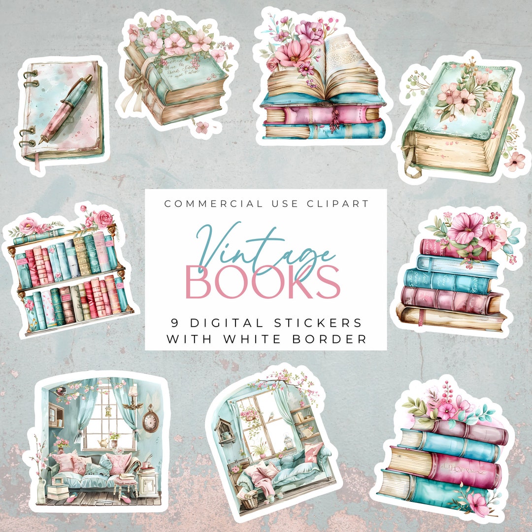 Vintage Books Clipart Collection | 9 Printable Digital Stickers | Retro ...