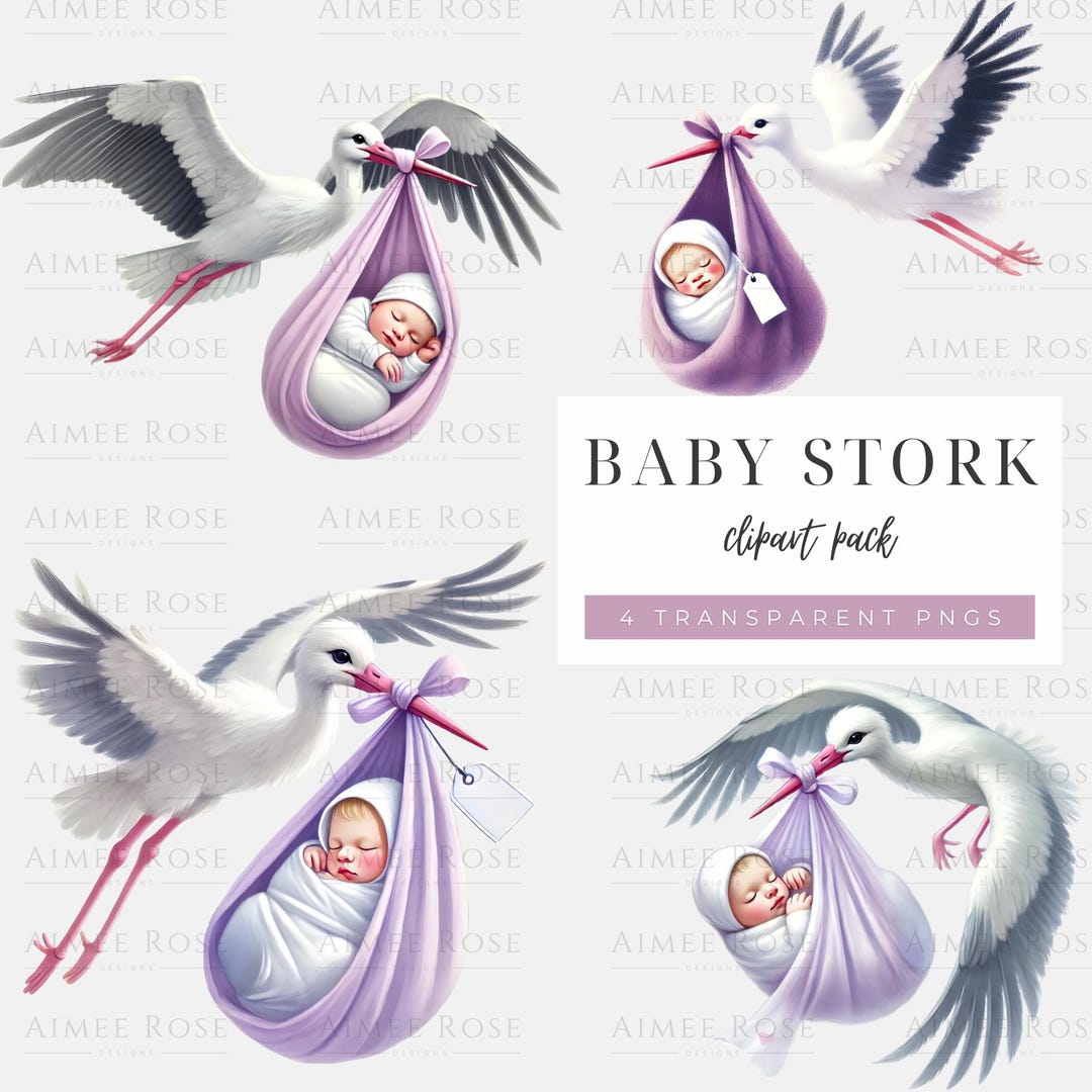 Baby Lilac Stork Clipart Bundle, High Quality Sublimation PNG. Purple ...