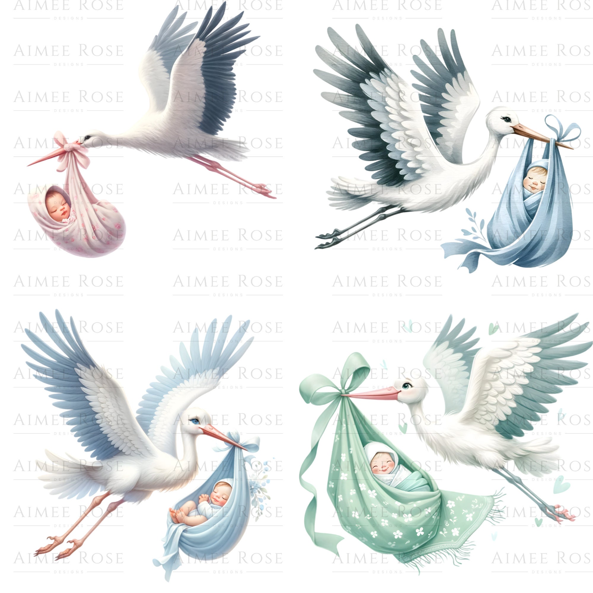 Baby Stork Delivery Clipart Mega Bundle - 28 High-quality Pngs, 300dpi ...
