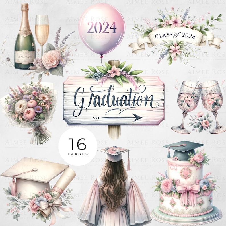 16 Shabby Chic Graduation Clipart Pack | Class of 2024 | Watercolour ...