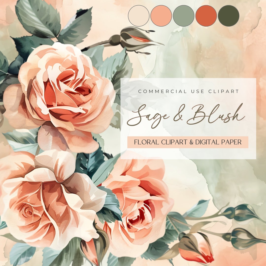 Sage Green & Blush Pink Floral Bouquets Clipart and Digital Papers ...