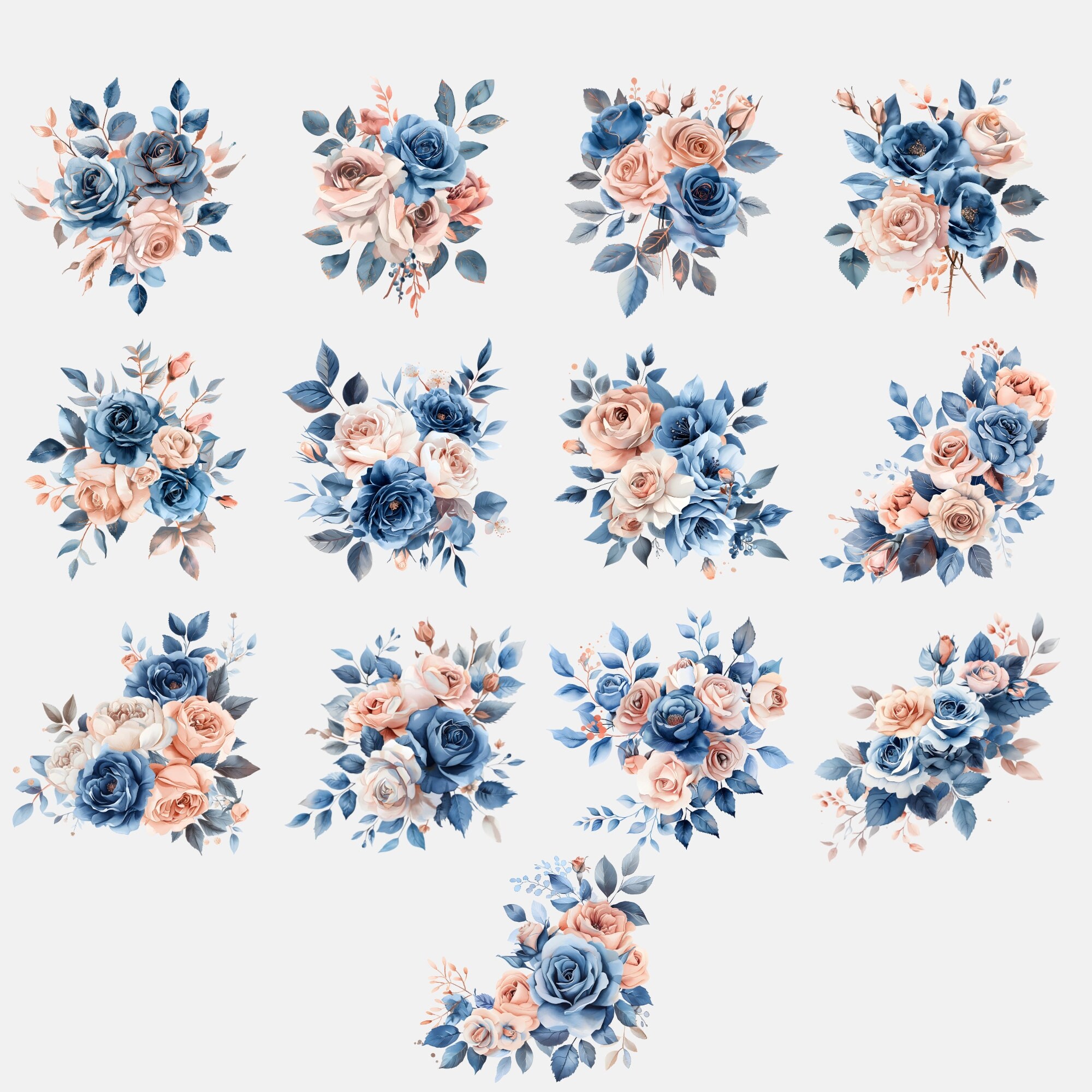 Blue and Blush Floral Clipart 25 Bouquets 6 Digital Papers Colour ...