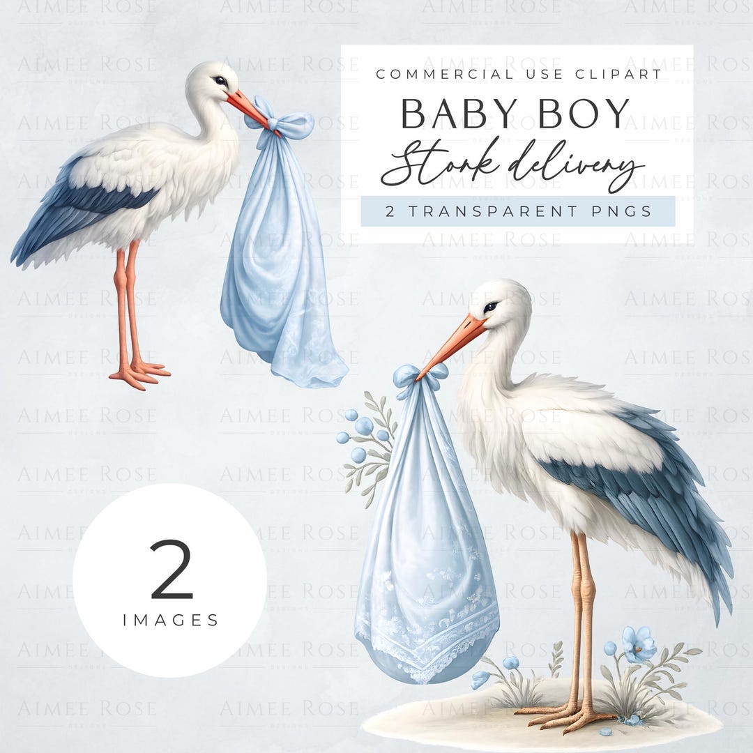 Stork Carrying Baby Boy Bundle Clipart - Blue Newborn Illustration ...