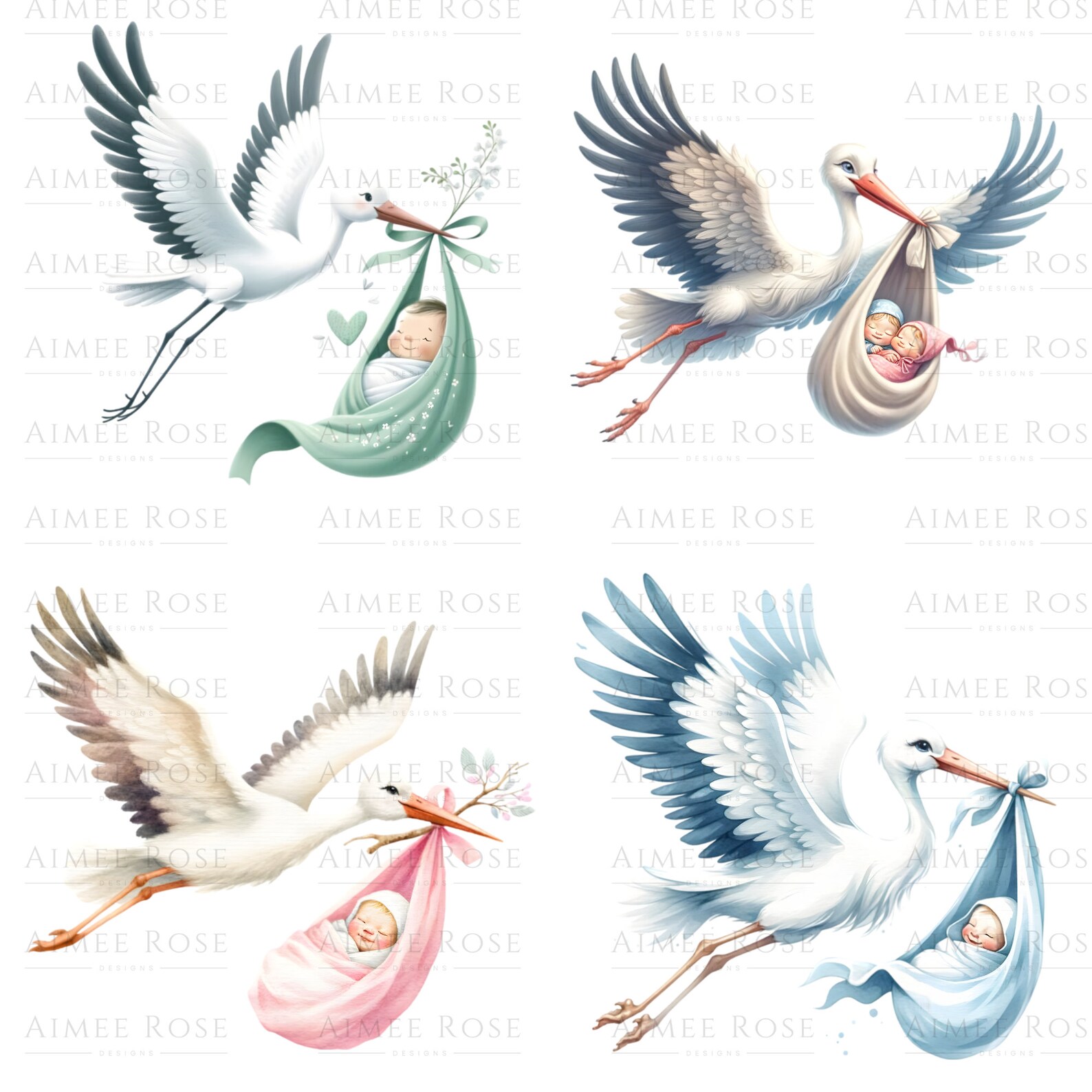 Baby Stork Delivery Clipart Mega Bundle 28 High-quality Pngs, 300dpi ...