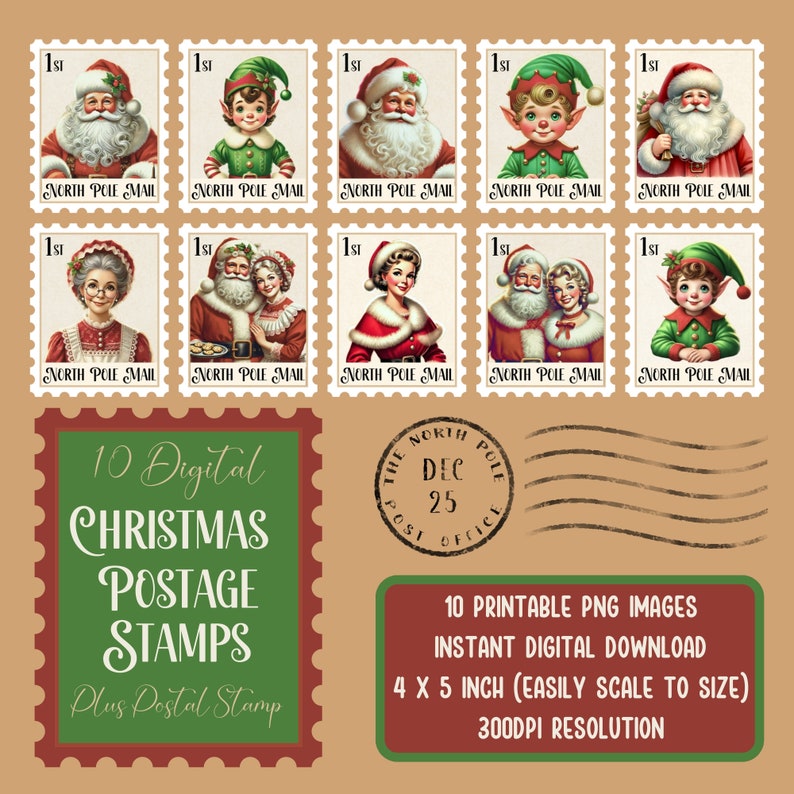 Digital Christmas Postage Stamps PNG - Santa Claus, Mrs Claus, Elves ...