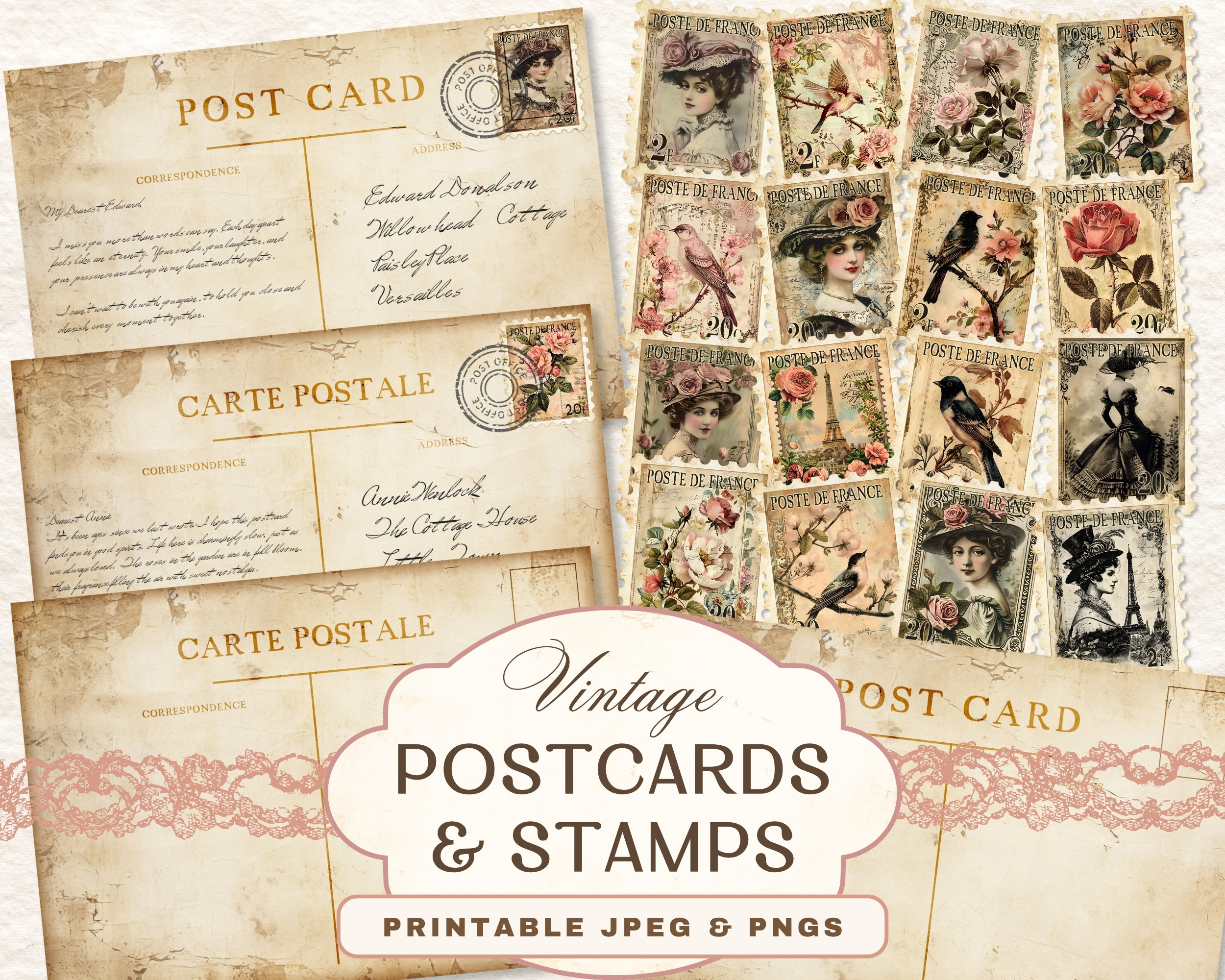 Vintage Postcards & Stamps Digital Download, Ephemera for Junk Journals ...