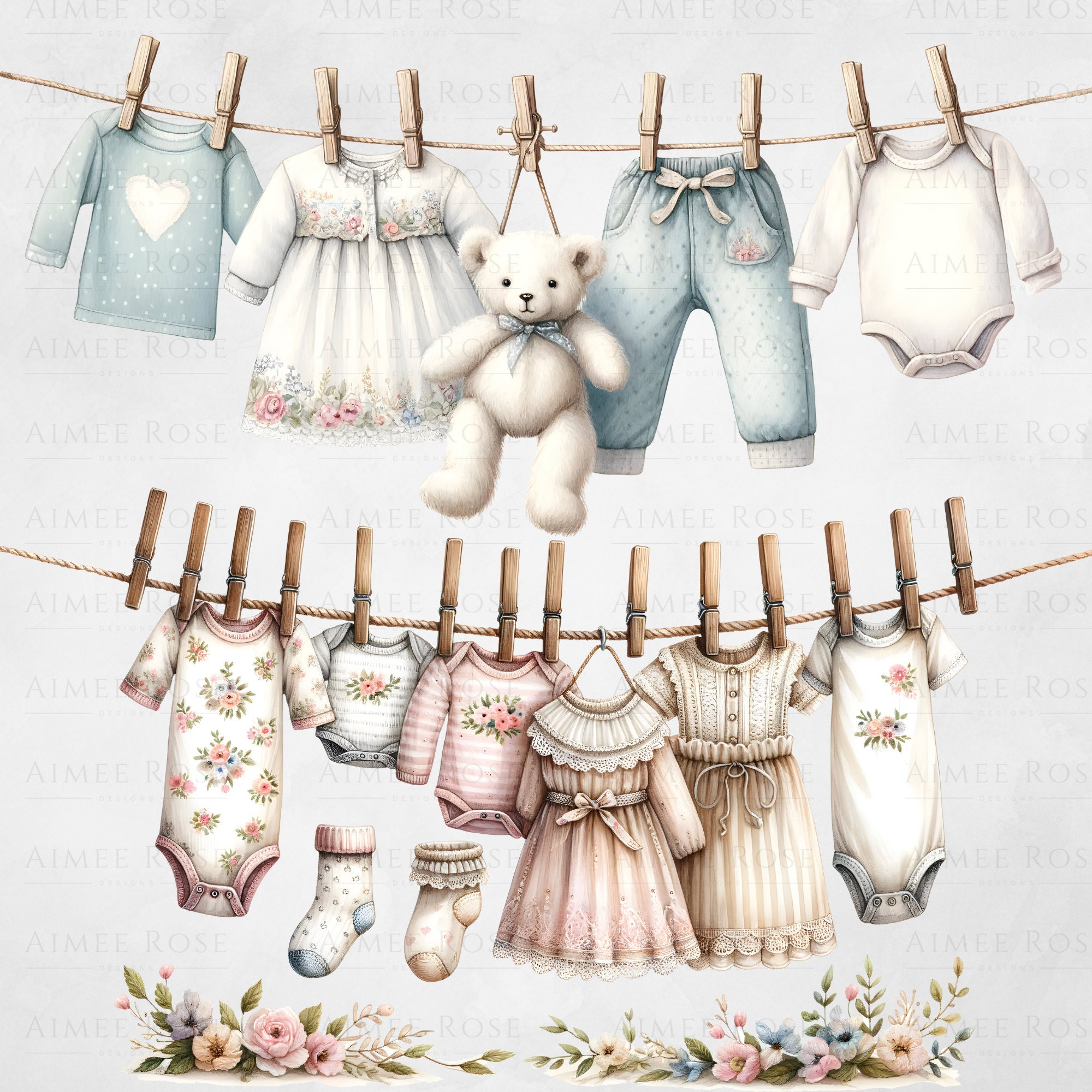 10 Shabby Chic Watercolor Clothes Line Clipart | Baby Clothes, DIY ...