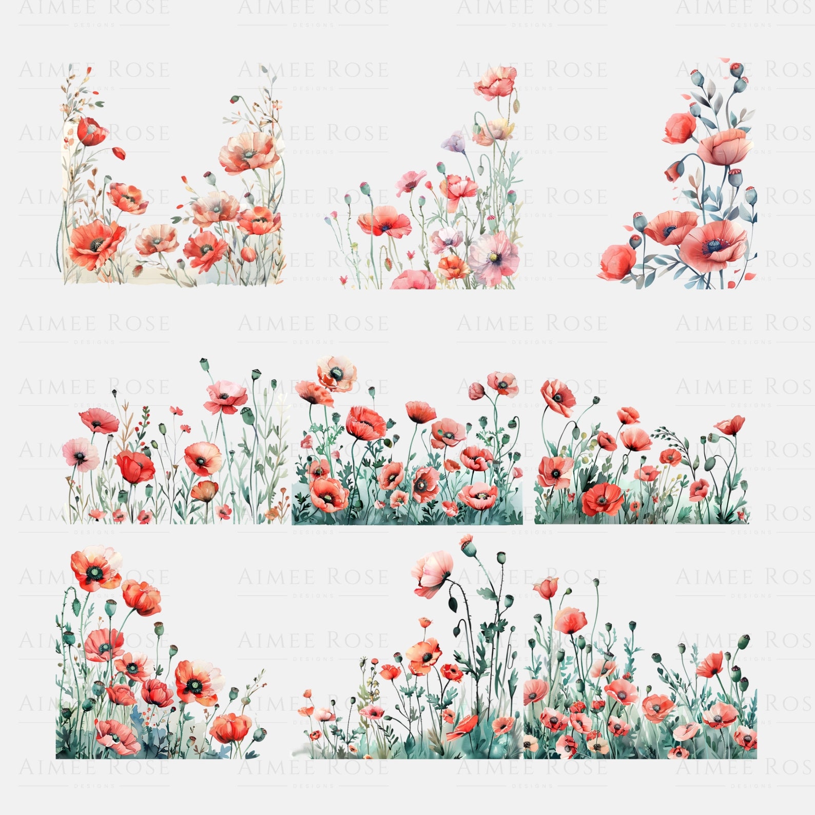 Wild Poppy Floral Borders - Transparent Clipart, 40 Pngs, Invitations ...