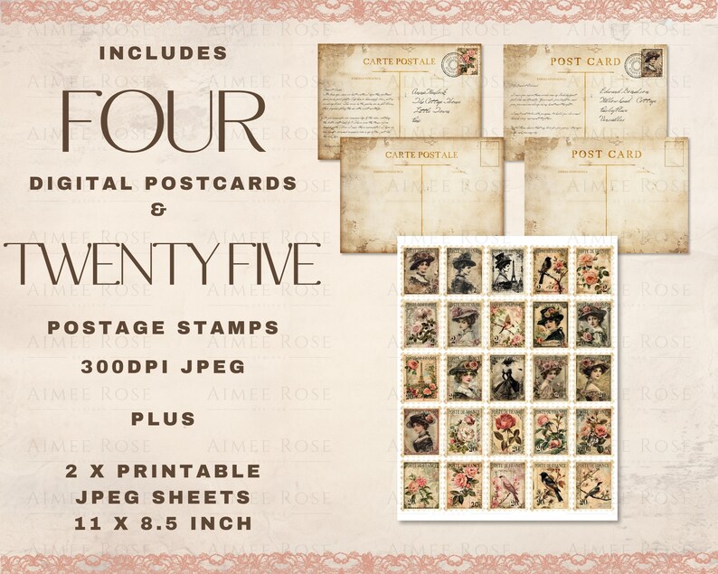 Vintage Postcards & Stamps Digital Download, Ephemera for Junk Journals ...