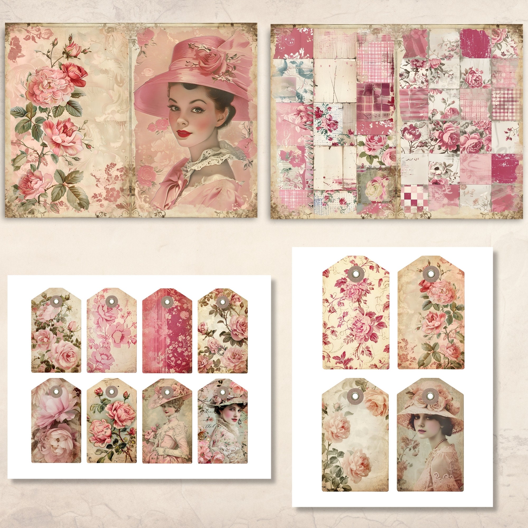 Vintage Junk Journal Kit 24 Pink Rose Digital Pages, Tags & Ephemera ...
