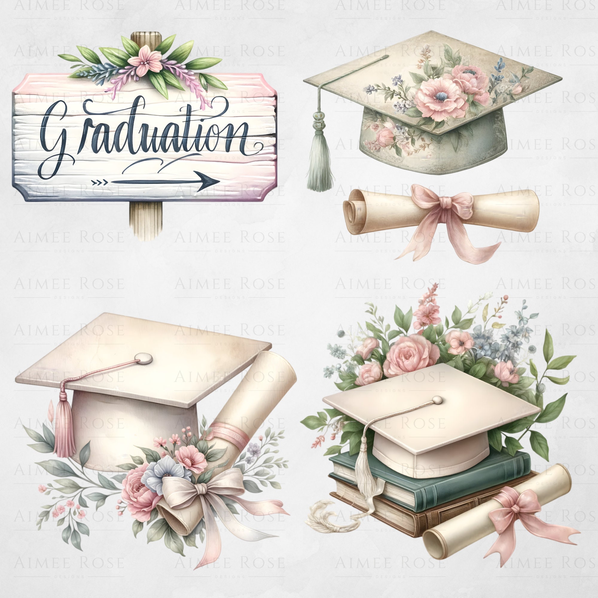 16 Shabby Chic Graduation Clipart Pack | Class of 2024 | Watercolour ...