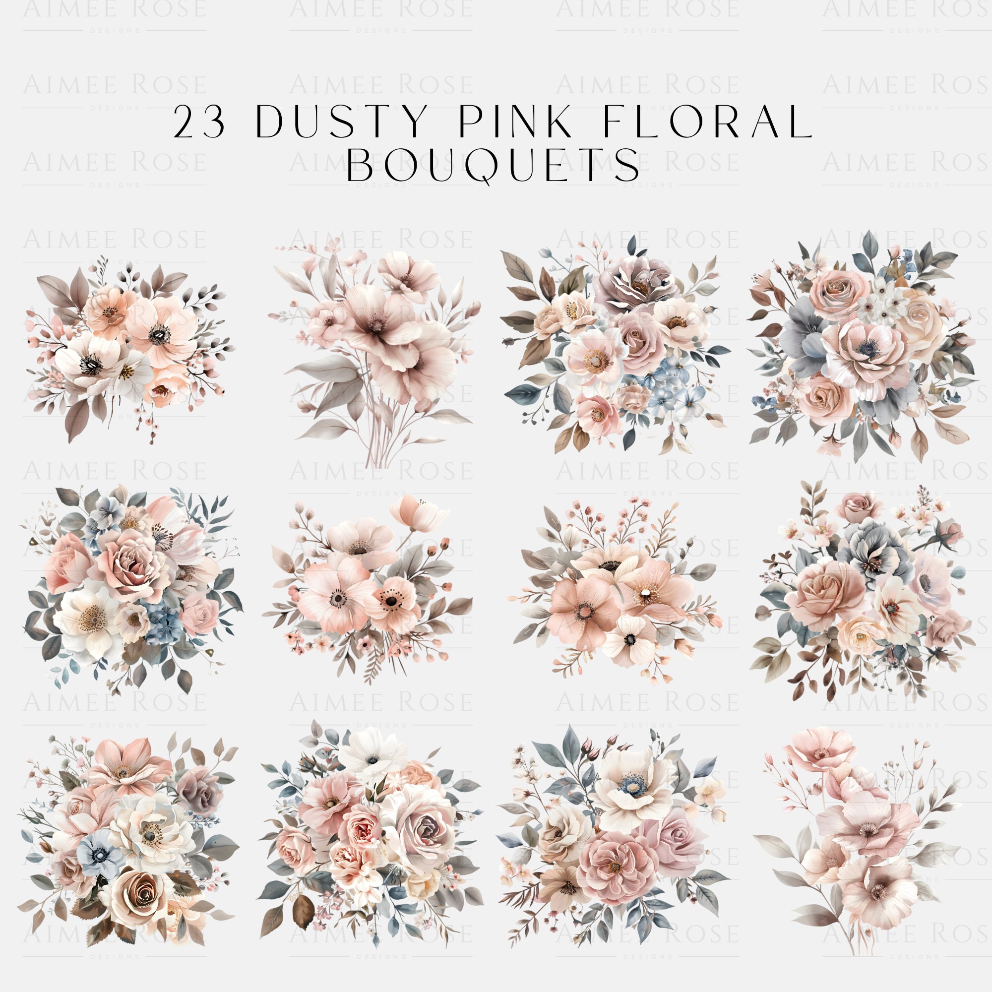Dusty Pink Floral Bouquets Clipart Watercolor Flower Pngs, Digital ...