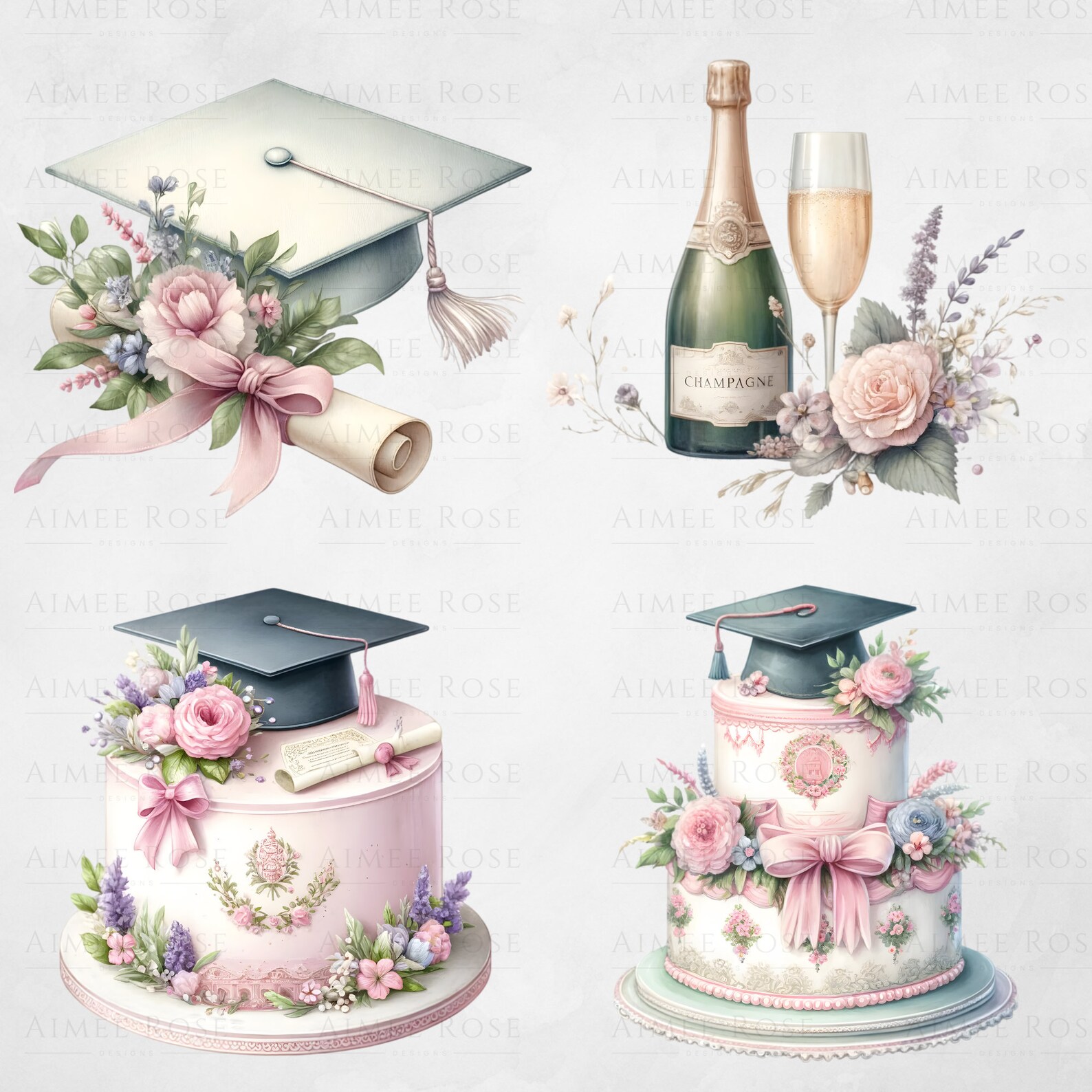 16 Shabby Chic Graduation Clipart Pack | Class of 2024 | Watercolour ...