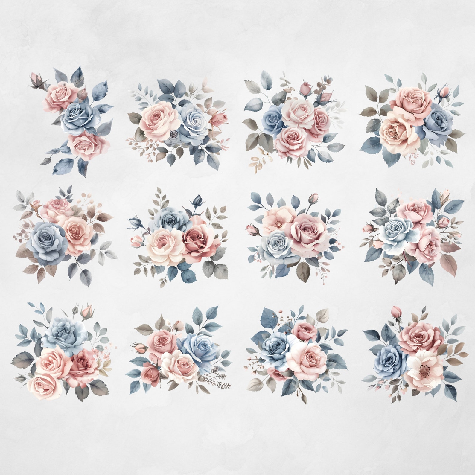 Dusty Blue & Blush Pink Floral Clipart and Digital Papers, High ...