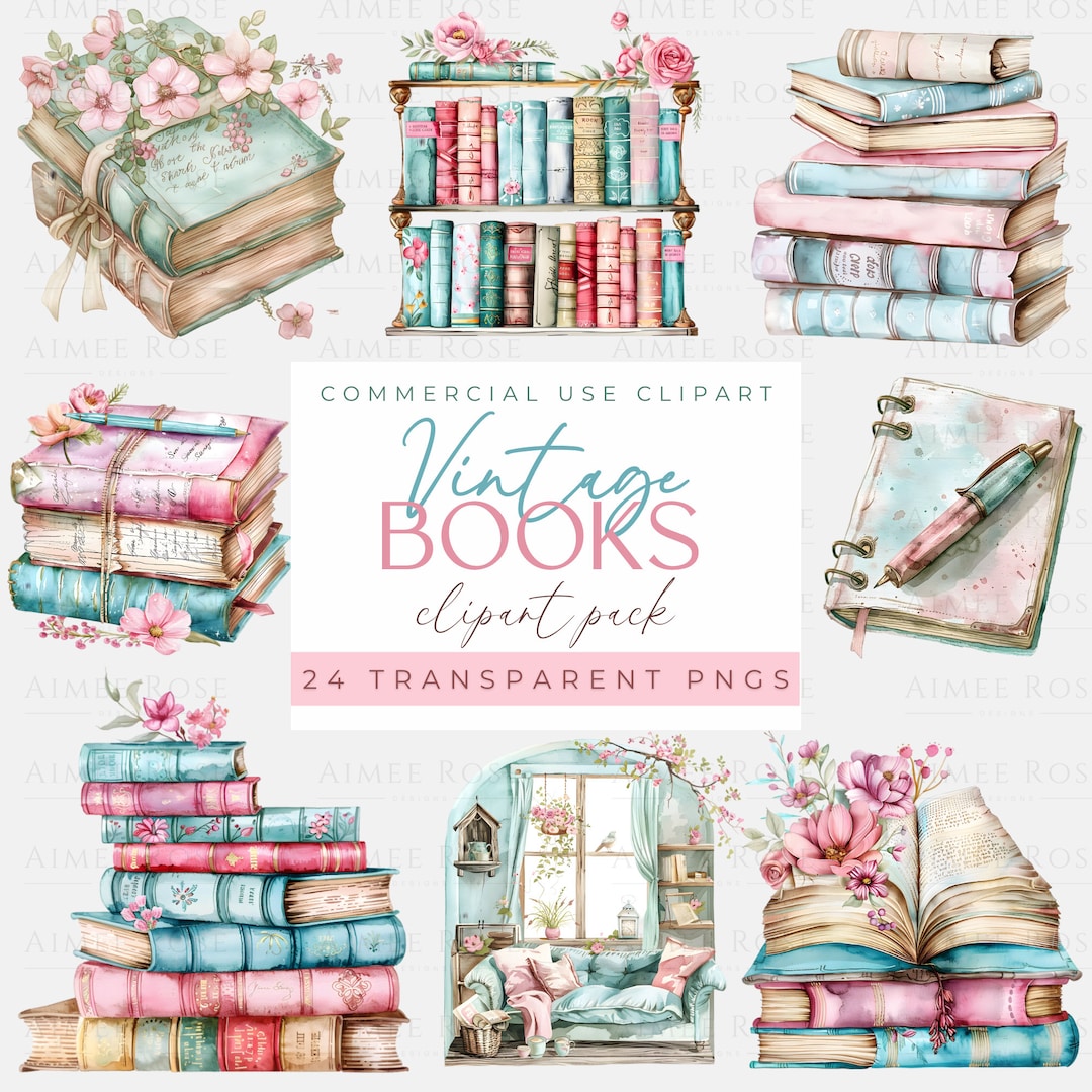 Vintage Books Clipart Collection - 24 Shabby Chic Book Pngs | Floral ...